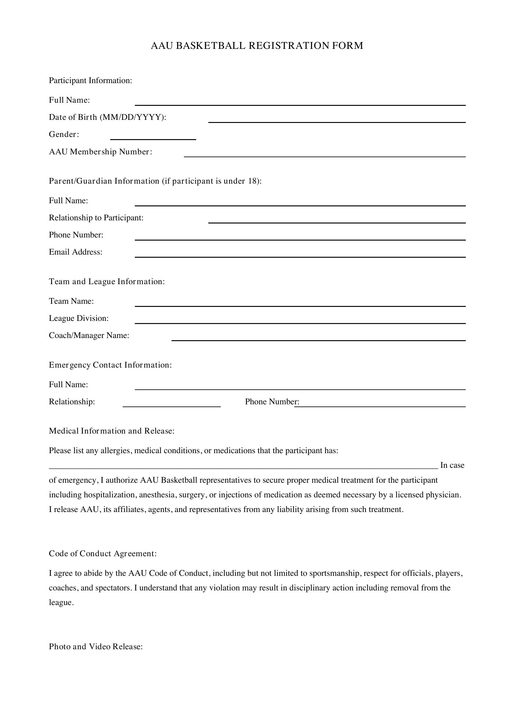 Aau Basketball Registration Form Template - US
