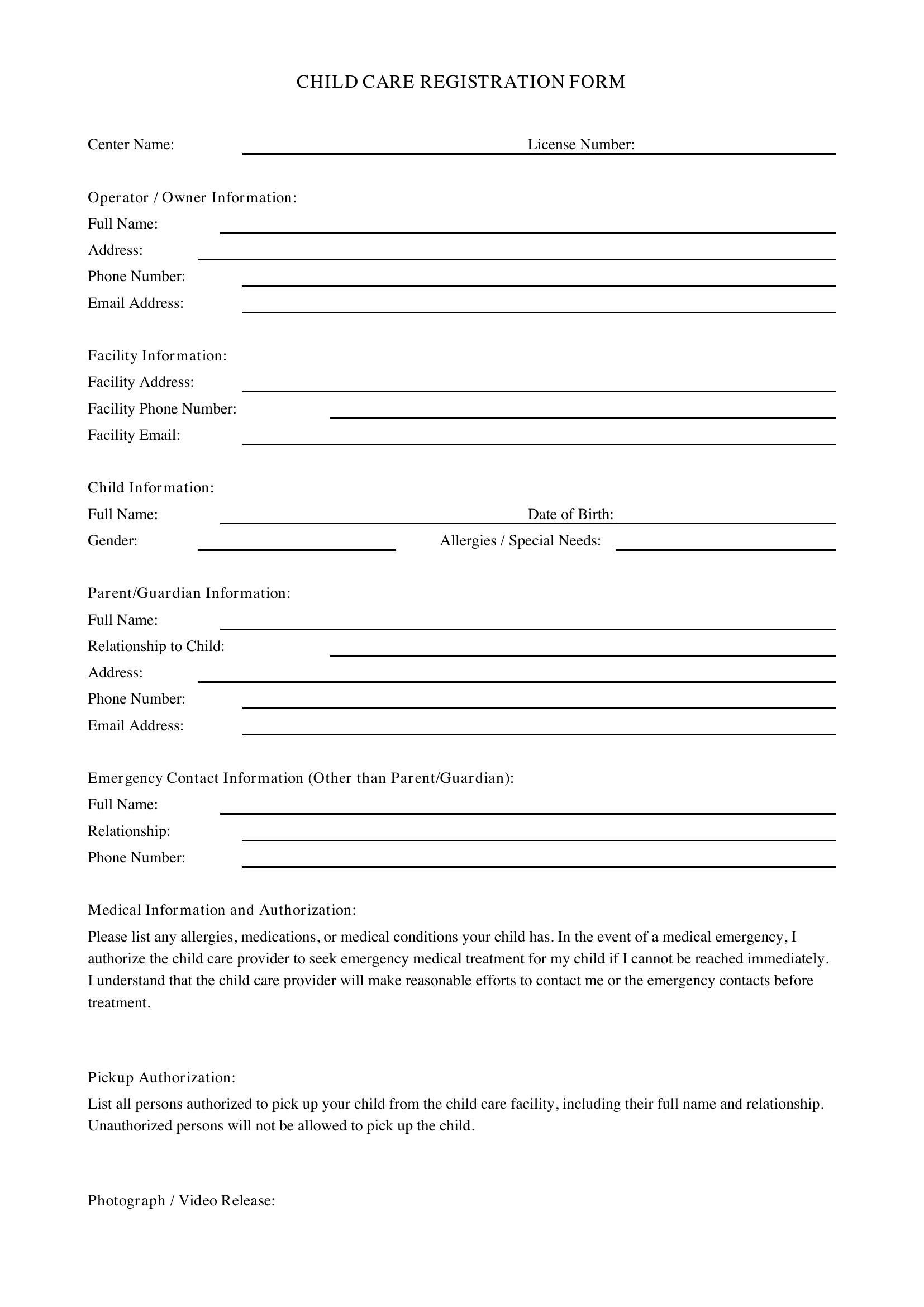 Child Care Registration Form Template - US