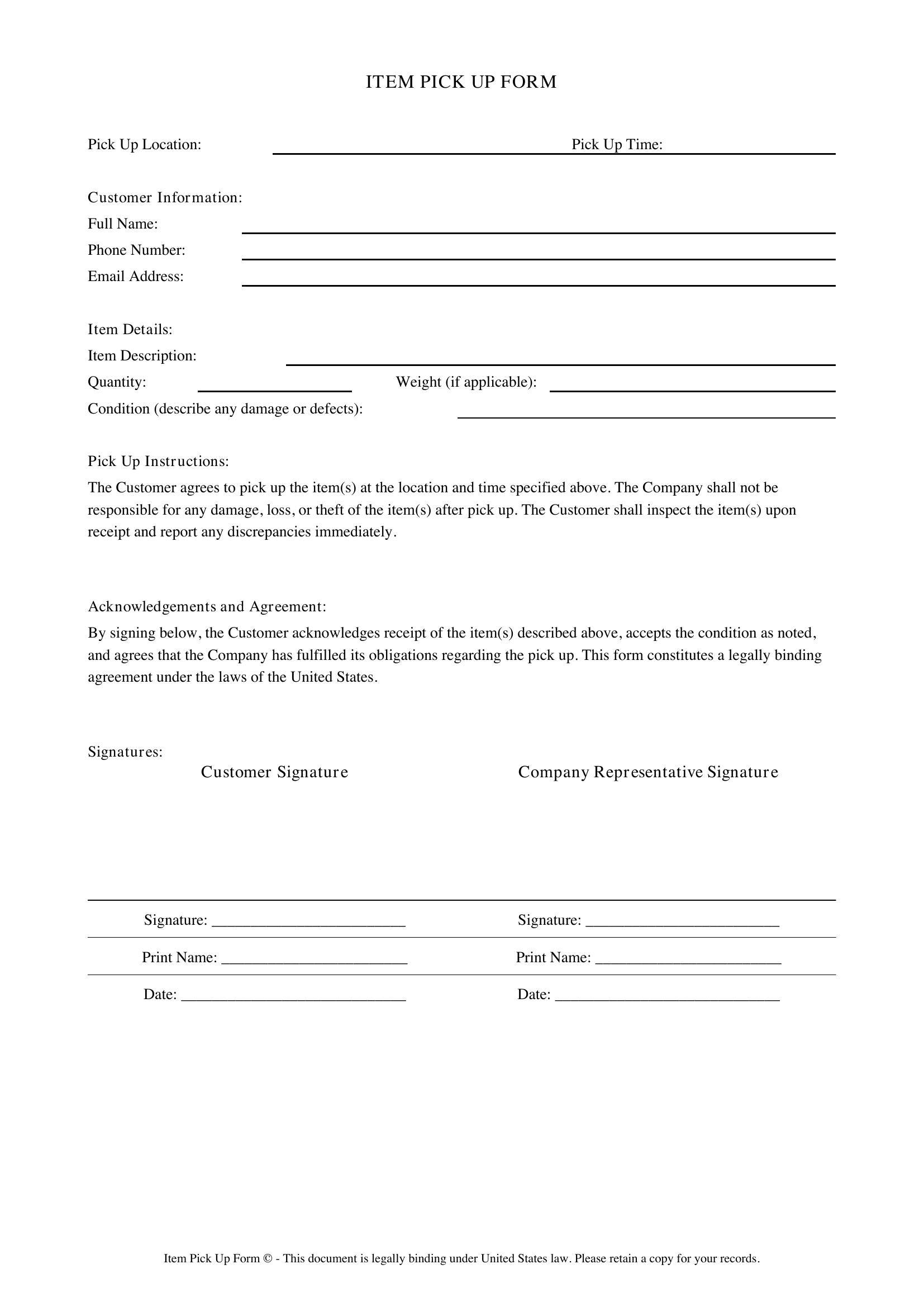 Item Pick Up Form Template - US