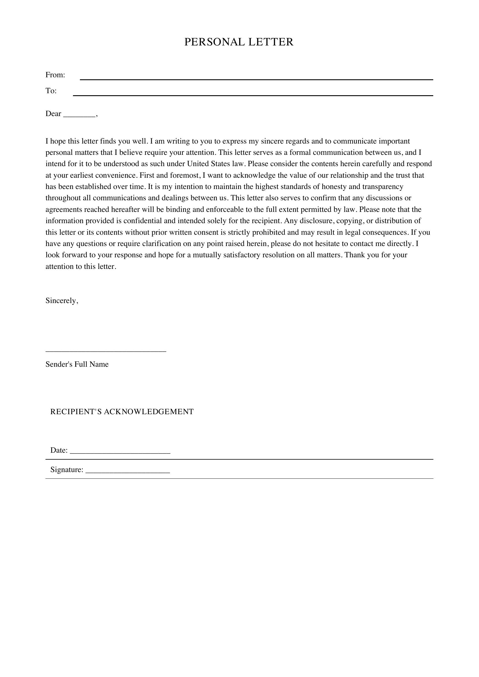 Personal Letter Format Template - US