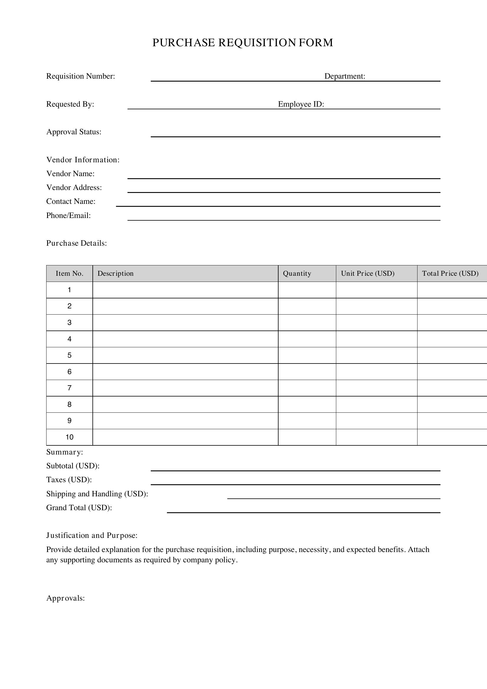 Purchase Requisition Form Template - US