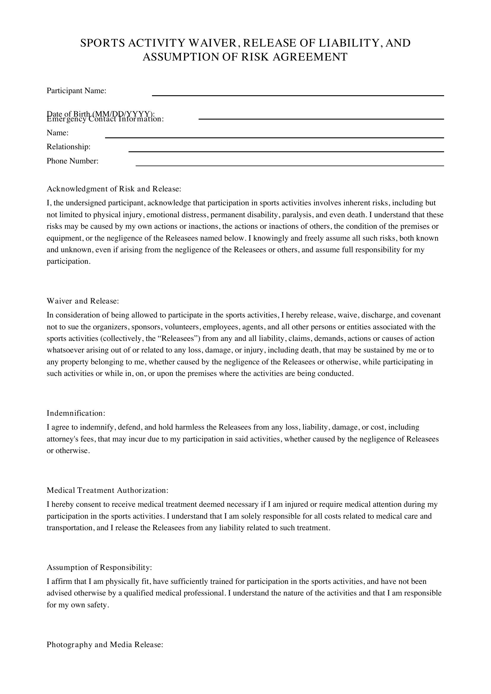 Sports Waiver Form Template - US