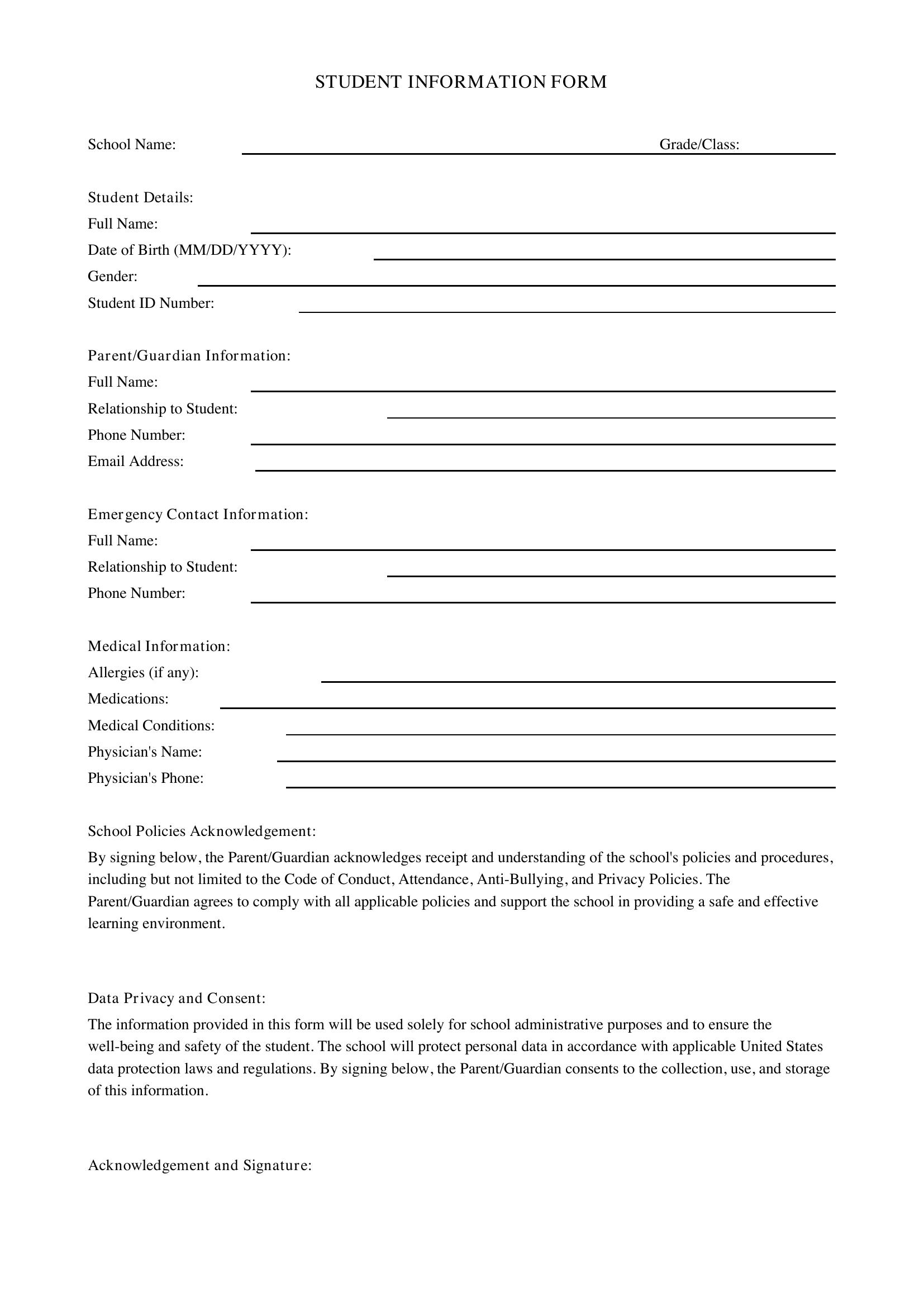 Student Information Form Template - US