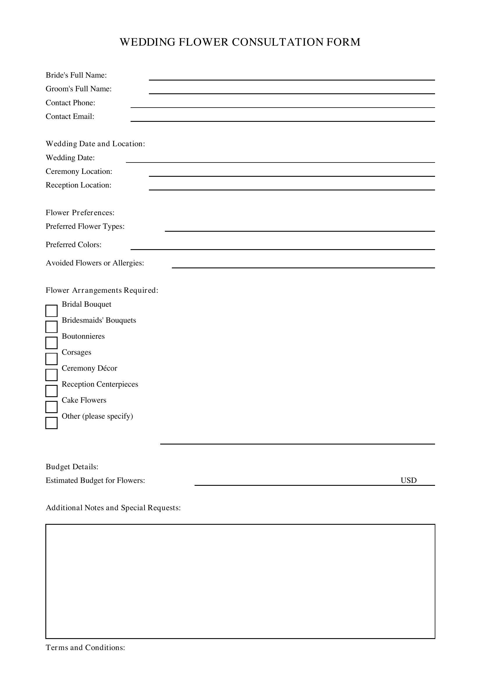 Wedding Flower Consultation Form Template - US