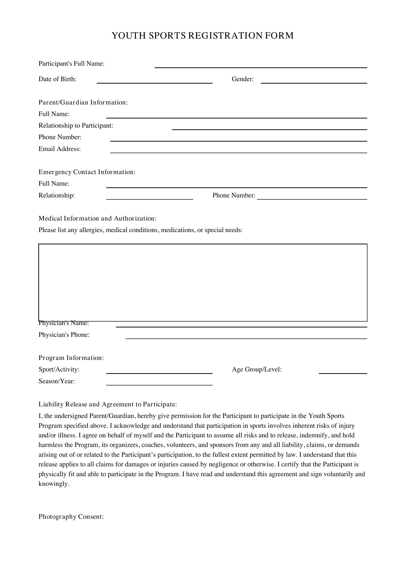 Youth Sports Registration Form Template - US